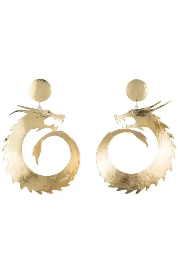 Natori Hammered Brass Dragon Swirl Drop Clip Earrings - Gold