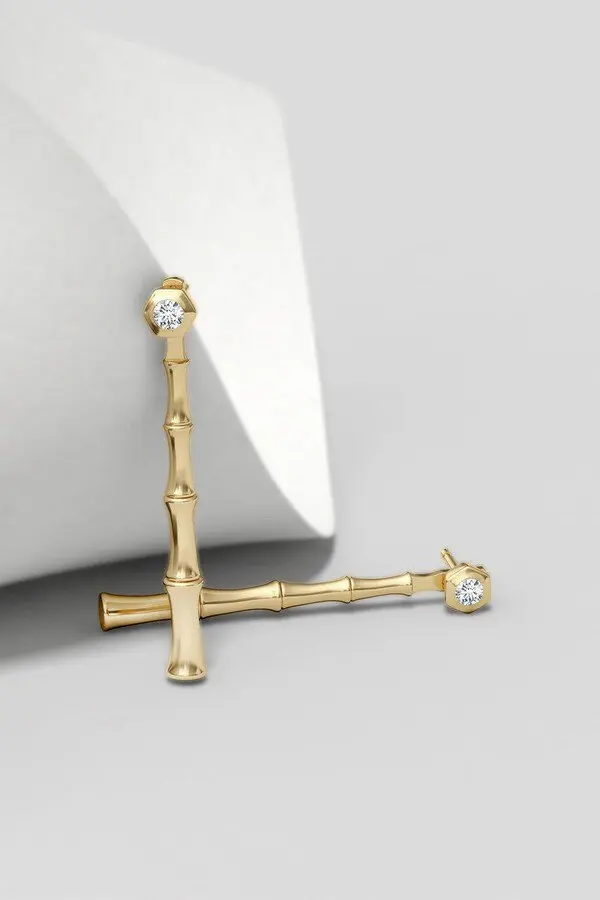 Natori Indochine Bamboo 14k Diamond Linear Earrings - Gold
