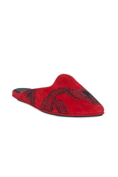 Natori Suede Dragon Embroidery Slides - Red