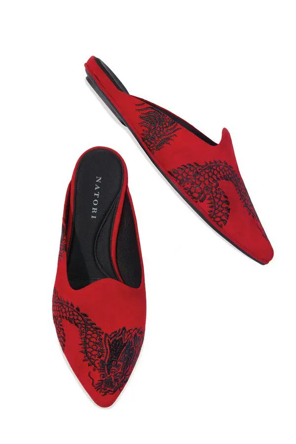 Natori Suede Dragon Embroidery Slides - Red