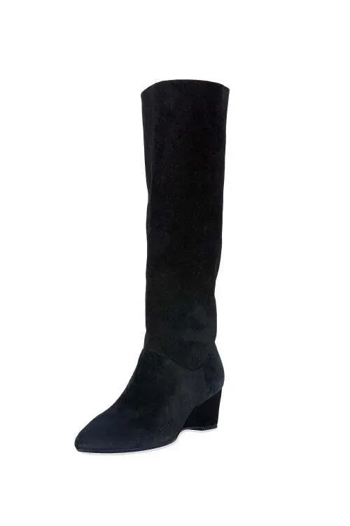 Natori Thrill Suede Contour Wedge Tall Slouch Boots - Black