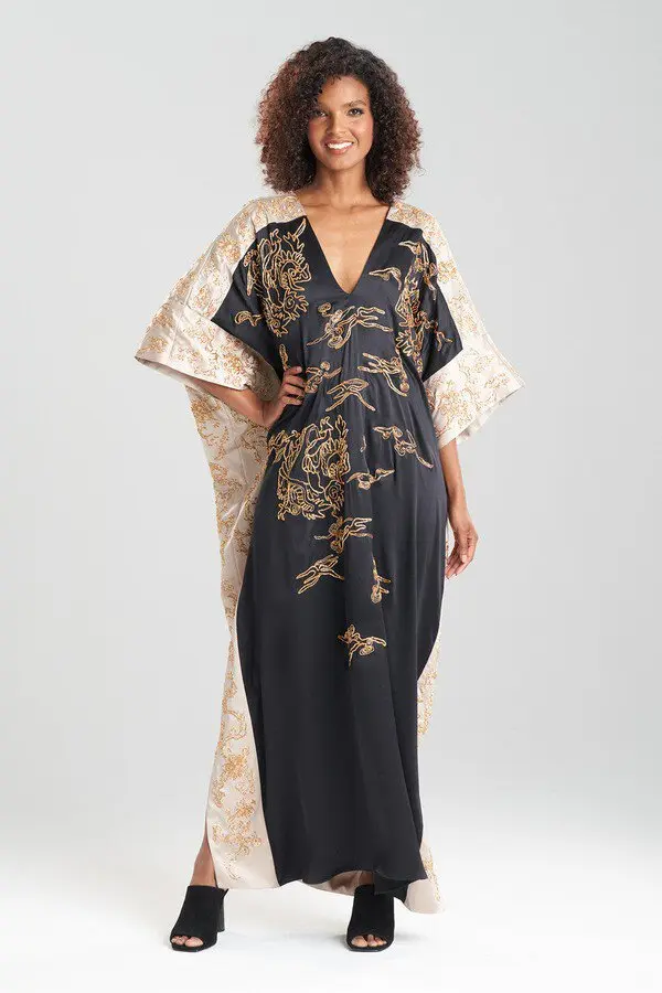 Natori Couture Dragon Embroidered Cocoon Silk Caftan