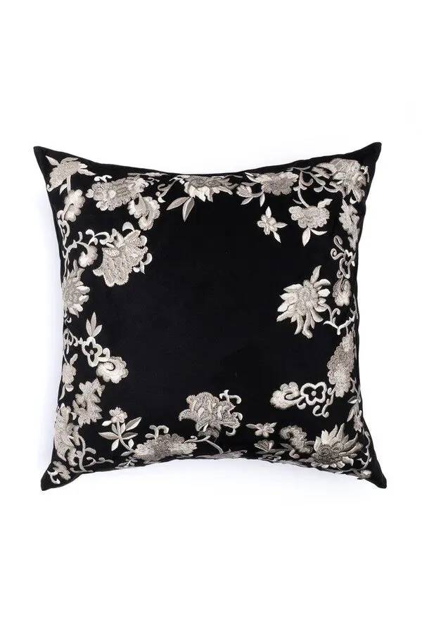 Natori Faux Suede Mandarin Embroidered Trim Pillow - Black