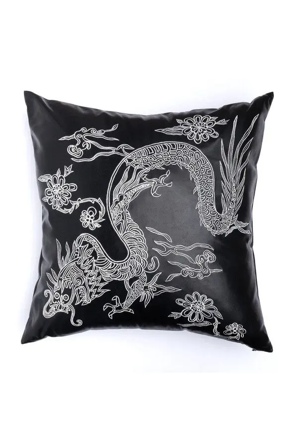 Natori Vegan Luxe Leather Mandarin Embroidered Dragon Pillow - Black