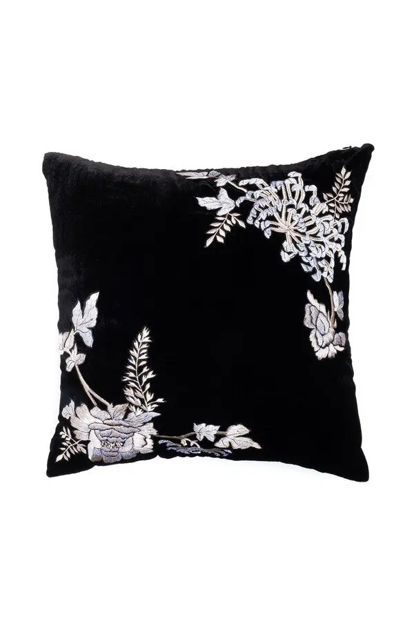 Natori Velvet Mandarin Embroidered Trim Pillow - Black