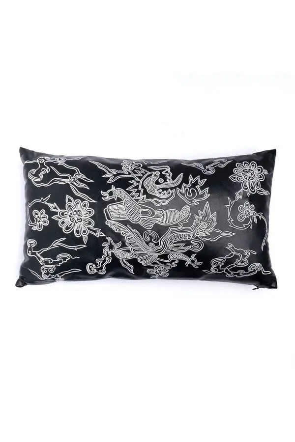 Natori Vegan Luxe Leather Mandarin Embroidered Dragon Oblong Pillow - Black