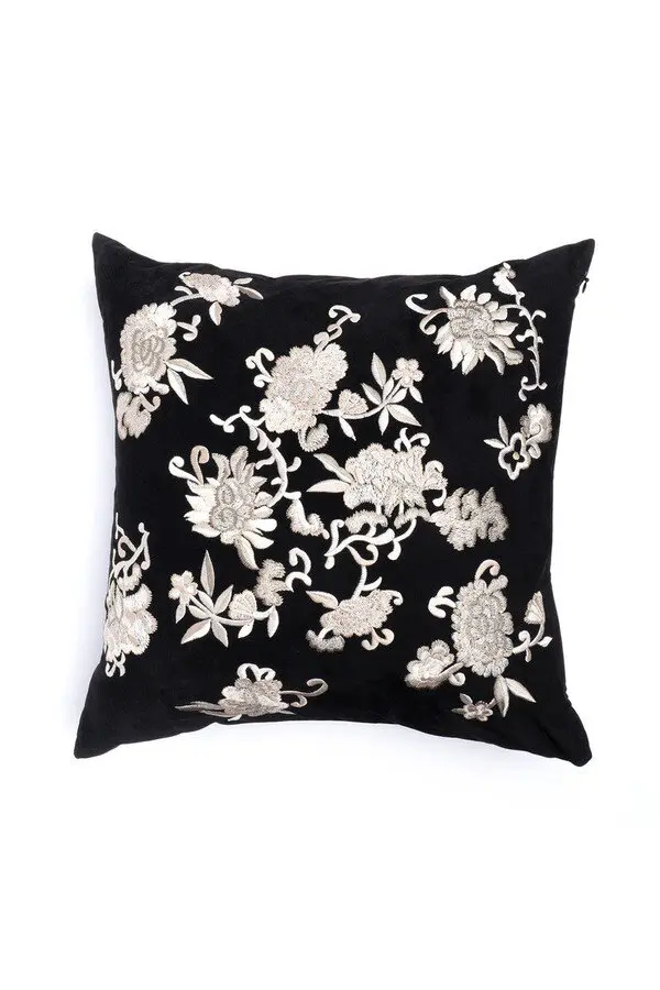 Natori Faux Suede Mandarin Embroidered Pillow - Black