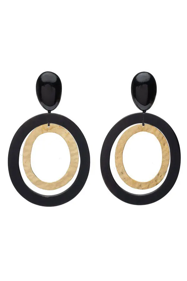 Natori Buffalo Horn And Gold Double Hoop Clip Earrings - Black