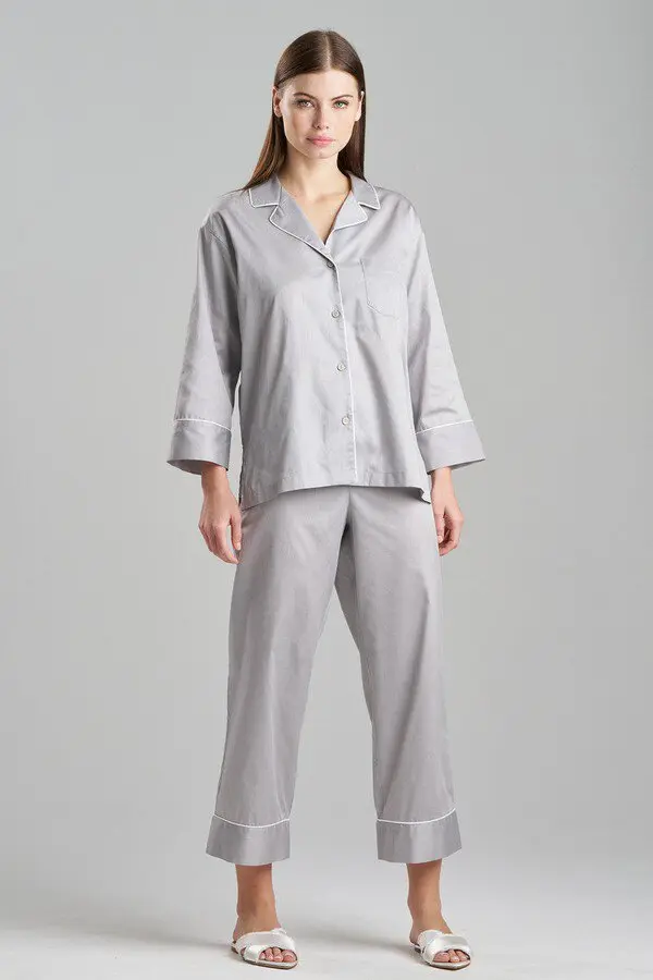 Natori Cotton Sateen Essentials Notch Pj Set - Black / White / Pink / Gray
