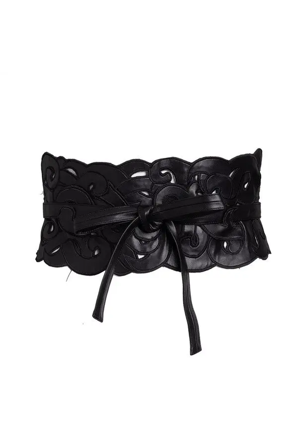 Natori Vegan Luxe Lambskin Embroidered Scroll Obi Belt - Black