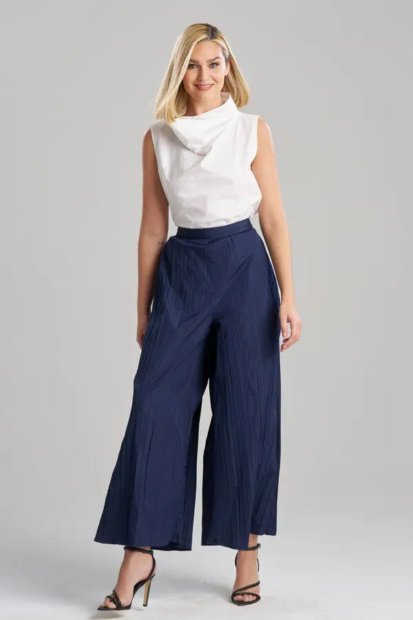 Natori Taffeta Plisse Wide Leg Pants - Navy / Blue