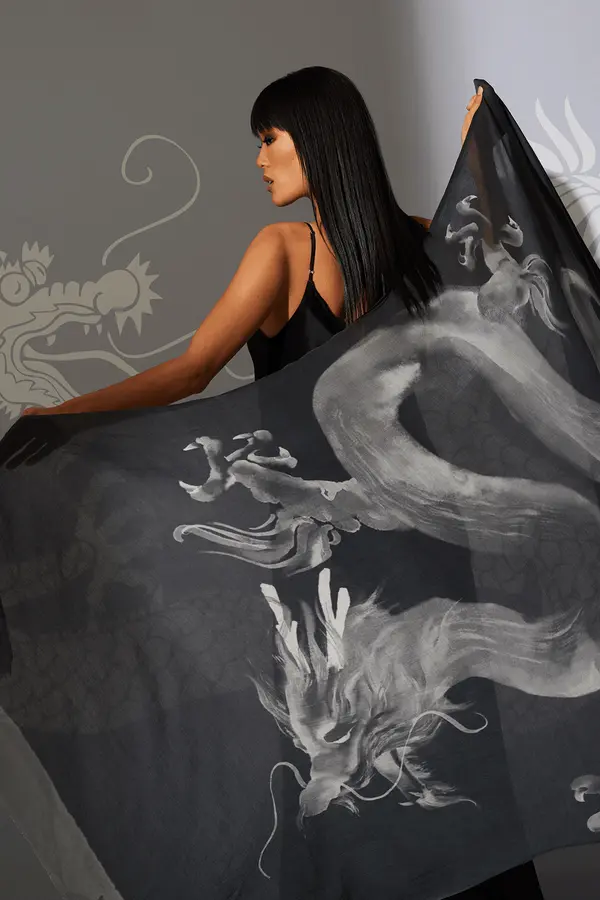 Natori Ink Dragon Printed Scarf