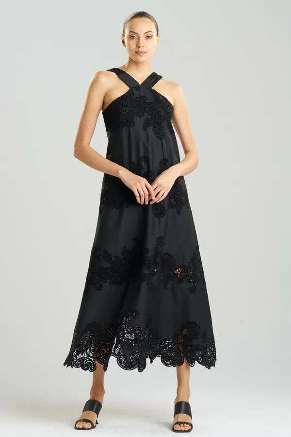 Natori Madeira Cutwork Embroidered Halter Dress - Black