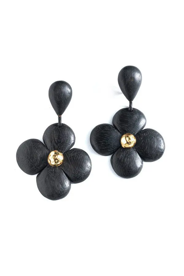 Natori Acacia Wood And Silver Plated Floral Clip-on Earrings - Black