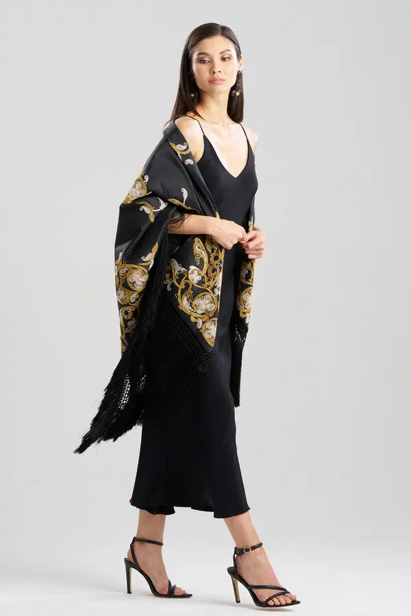 Natori Silk Dupioni Embroidered Silk Fringe Shawl - Black