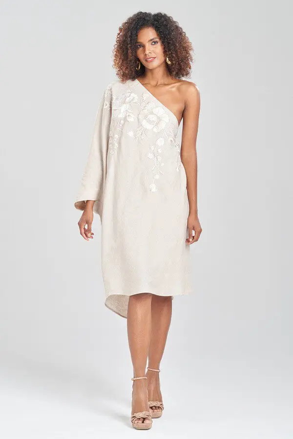 Natori Linen One-shoulder Embroidered Tunic