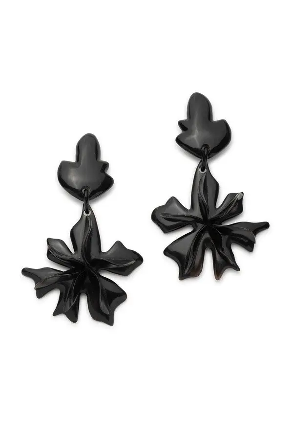 Natori Buffalo Horn Floral Dangle Clip On Earrings - Black