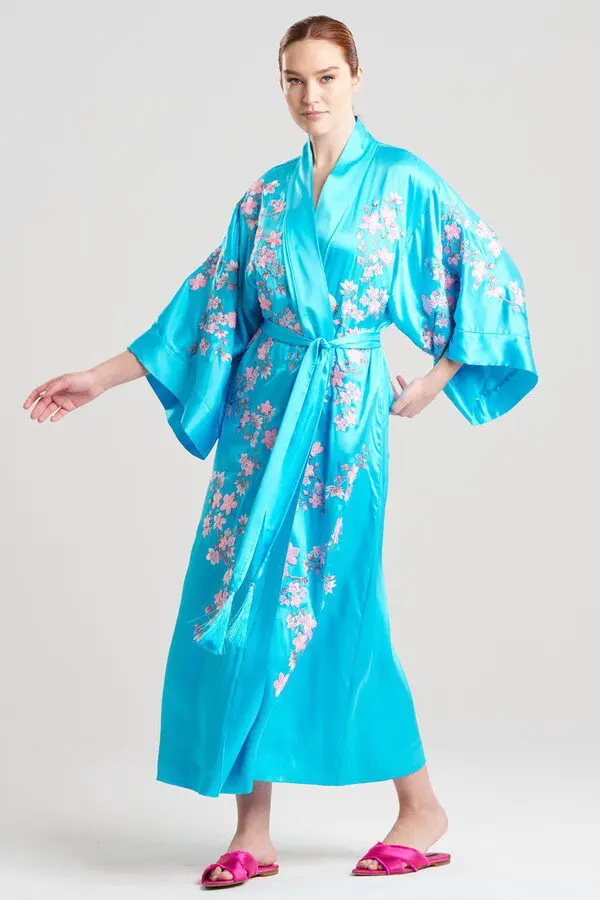 Natori Couture Sakura Embroidered Floral Silk Robe - Blue