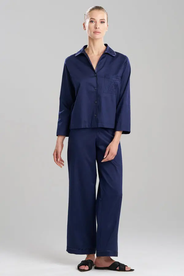 Natori Cotton Sateen Embroidered Essentials Notch Pj - Navy / Blue