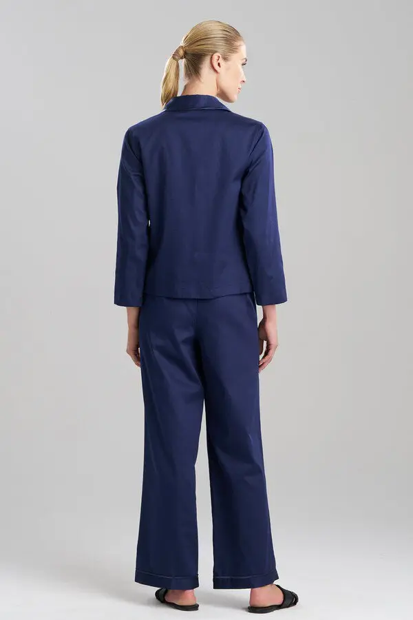 Natori Cotton Sateen Embroidered Essentials Notch Pj - Navy / Blue