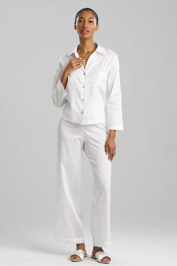 Natori Cotton Sateen Embroidered Essentials Notch Pj - White