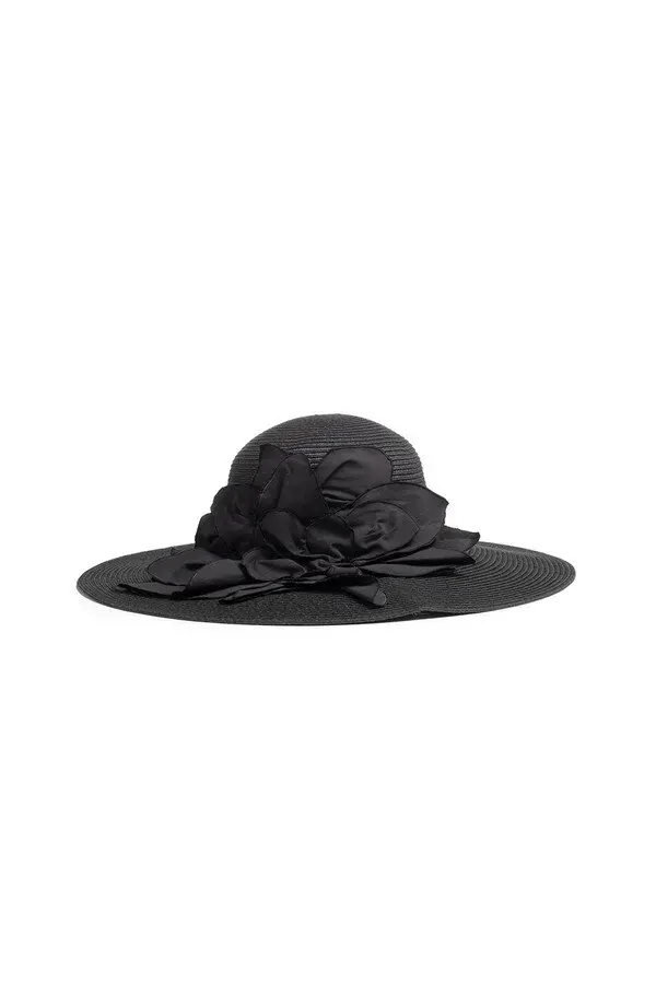 Natori Techno Poplin Cut-out Applique Straw Hat - Black