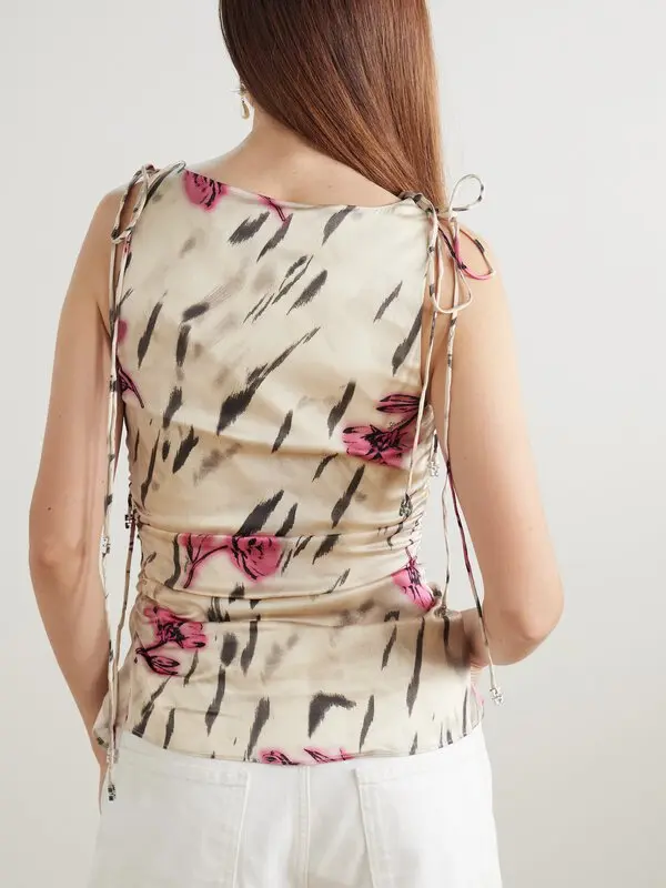 GANNI Tie-detailed Gathered Printed Satin Top - Multi