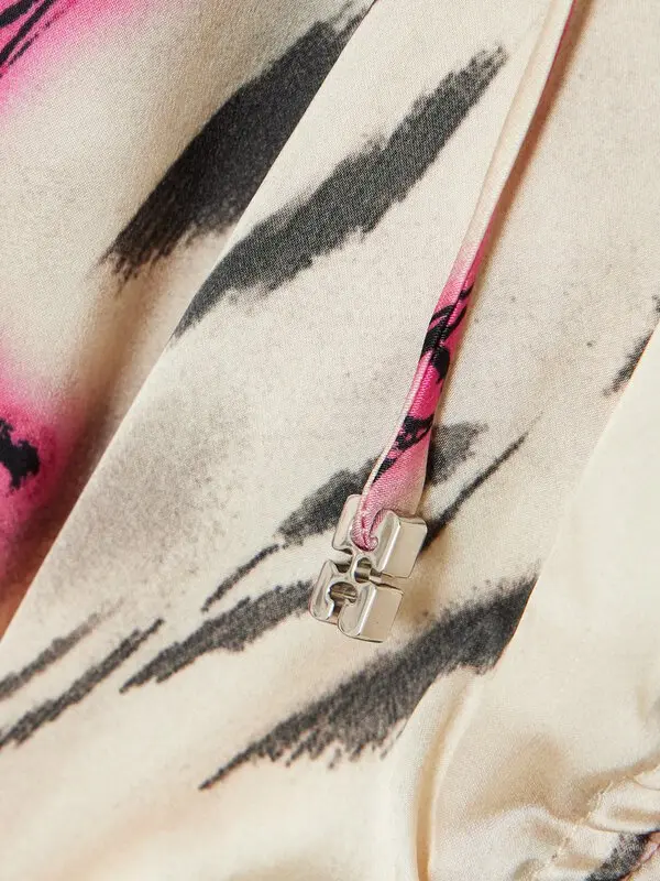 GANNI Tie-detailed Gathered Printed Satin Top - Multi