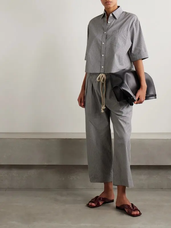 Maria Mcmanus Cropped Pleated Striped Organic Cotton Wide-leg Pants