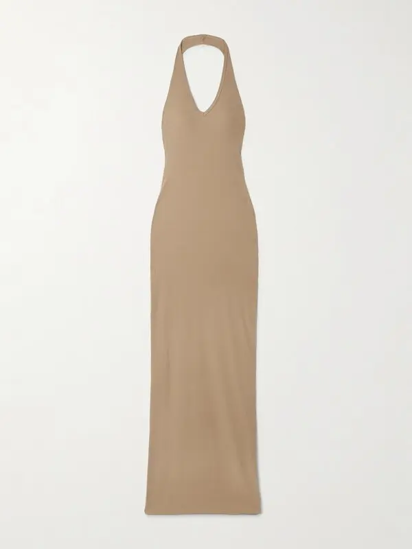 Eterne Ribbed Jersey Halterneck Maxi Dress - Brown