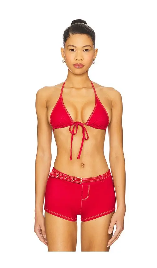 Frankies Bikinis Paradise Denim Bikini Top - Red Denim