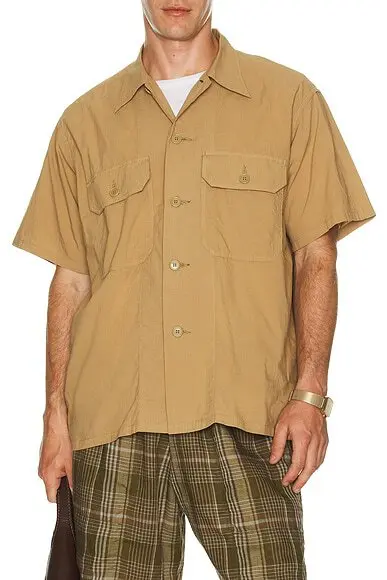 BEAMS Mil Sht Shirt Textured Ripstop - Khaki