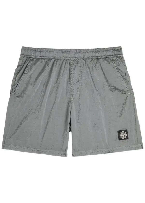 Stone Island Logo Crinkled Nylon Swim Shorts - Grey