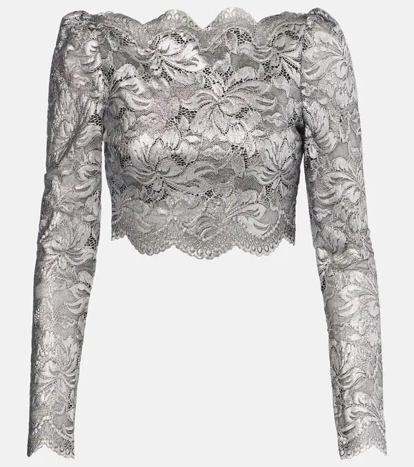 Rabanne Floral Cropped Lace Top - Silver