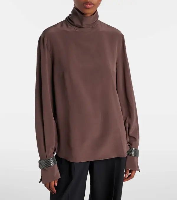 Brunello Cucinelli Monili Turtleneck Silk Blouse