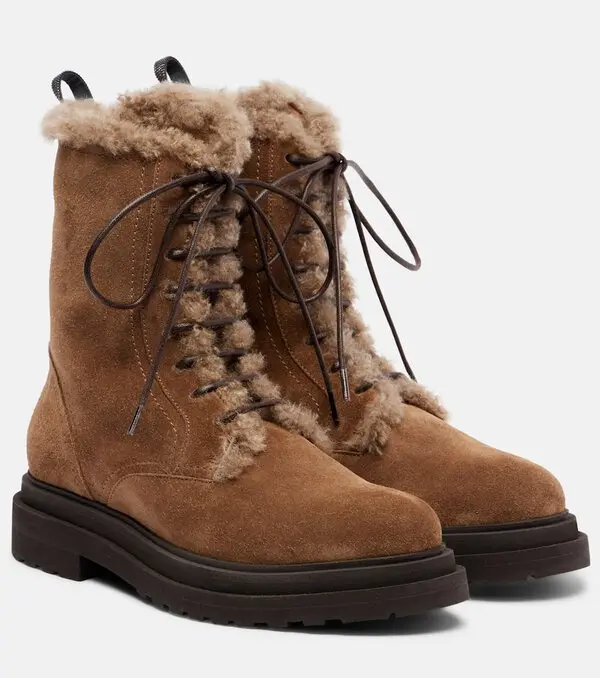Brunello Cucinelli Monili Shearling-lined Suede Combat Boots - Brown