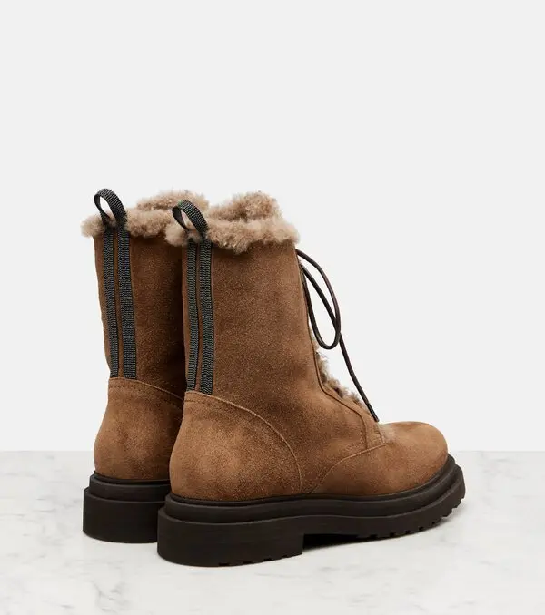 Brunello Cucinelli Monili Shearling-lined Suede Combat Boots - Brown