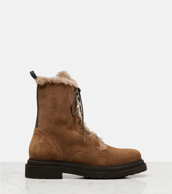 Brunello Cucinelli Monili Shearling-lined Suede Combat Boots - Brown