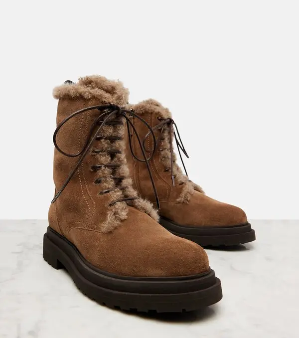 Brunello Cucinelli Monili Shearling-lined Suede Combat Boots - Brown