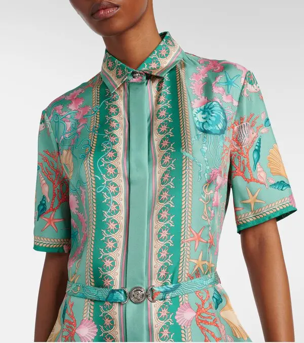 Versace Underwater Barocco Silk Twill Shirt Dress