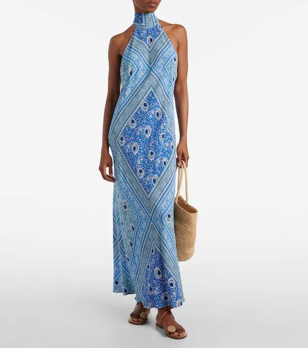 Rixo Maura Printed Satin Maxi Dress - Blue