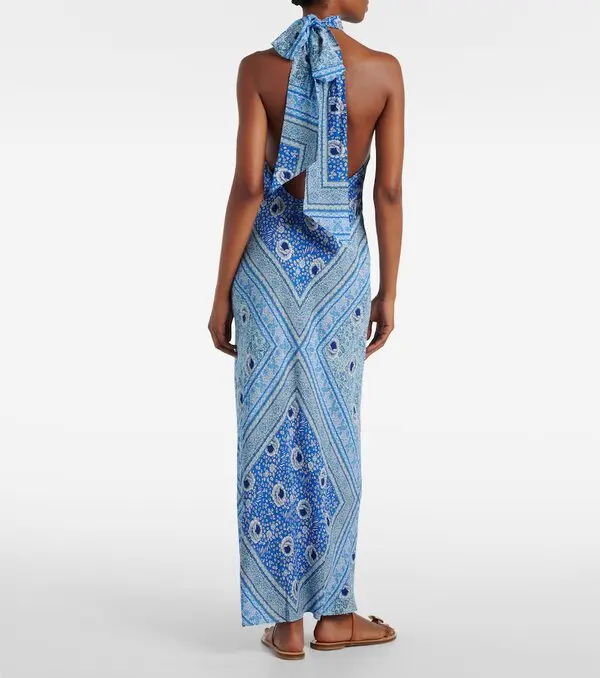 Rixo Maura Printed Satin Maxi Dress - Blue