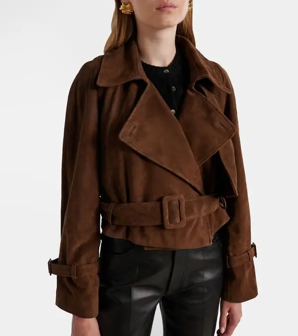 Nour Hammour Hatti Belted Cropped Suede Trench Coat