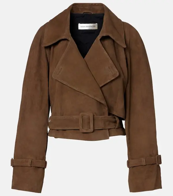 Nour Hammour Hatti Belted Cropped Suede Trench Coat - Brown