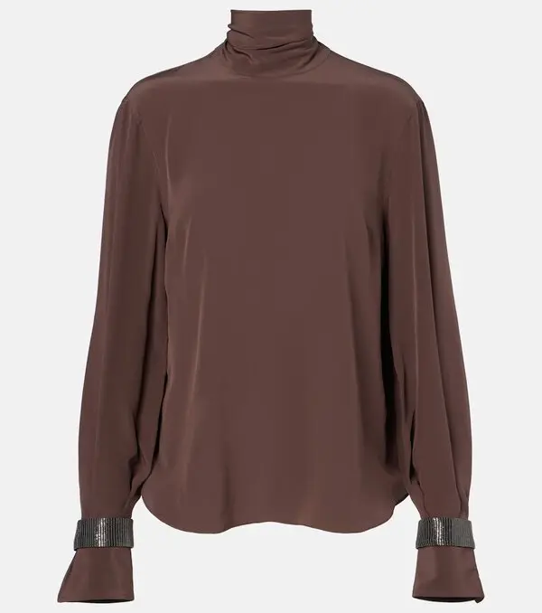 Brunello Cucinelli Monili Turtleneck Silk Blouse - Brown