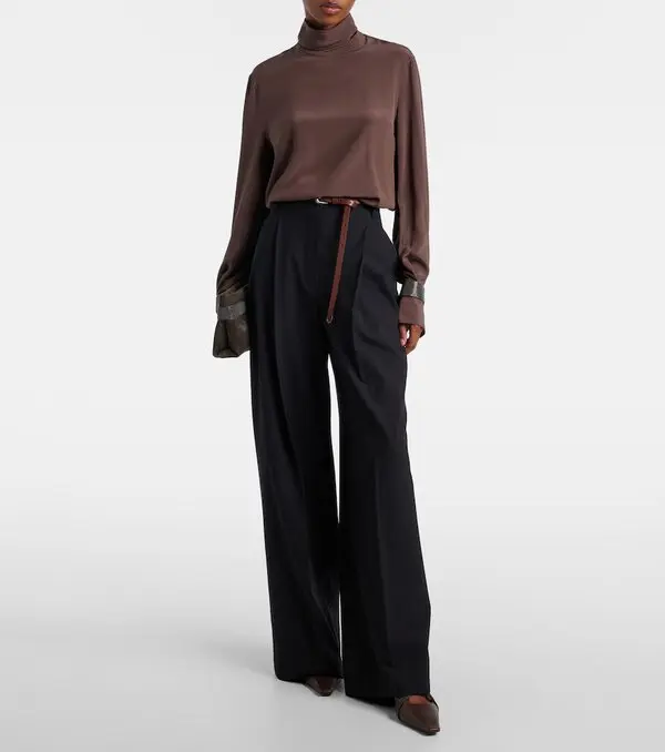 Brunello Cucinelli Monili Turtleneck Silk Blouse - Brown