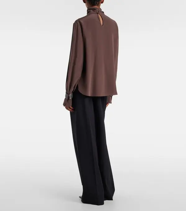 Brunello Cucinelli Monili Turtleneck Silk Blouse - Brown