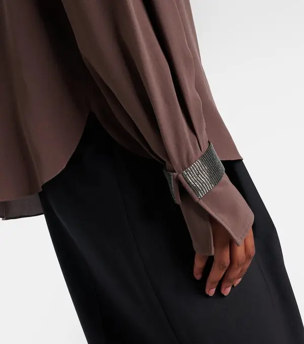 Brunello Cucinelli Monili Turtleneck Silk Blouse - Brown