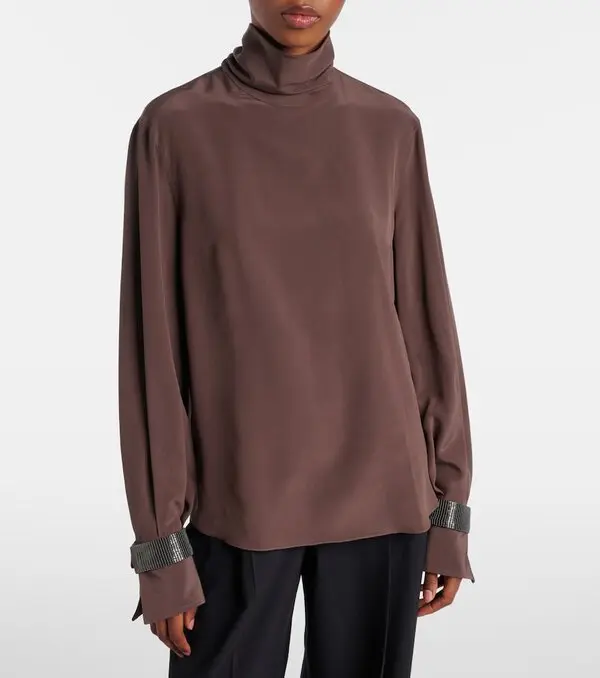 Brunello Cucinelli Monili Turtleneck Silk Blouse - Brown