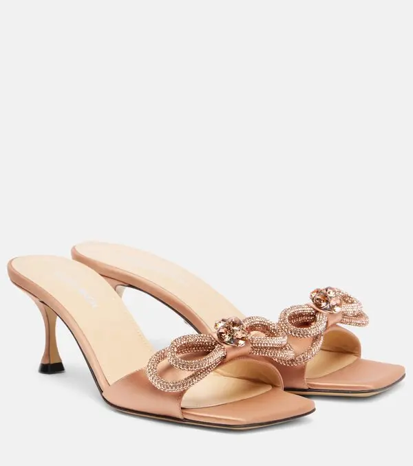 Mach & Mach Double Bow Embellished Satin 65 Mules - Brown
